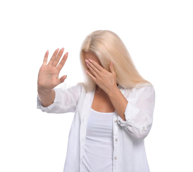 Embarrassed Woman Covering Face with Hand on White Background Stock ...