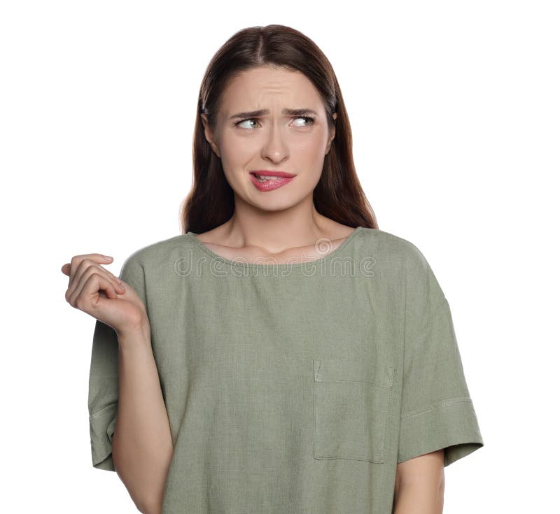 Embarrassed Young Woman in Shirt on White Background Stock Image ...
