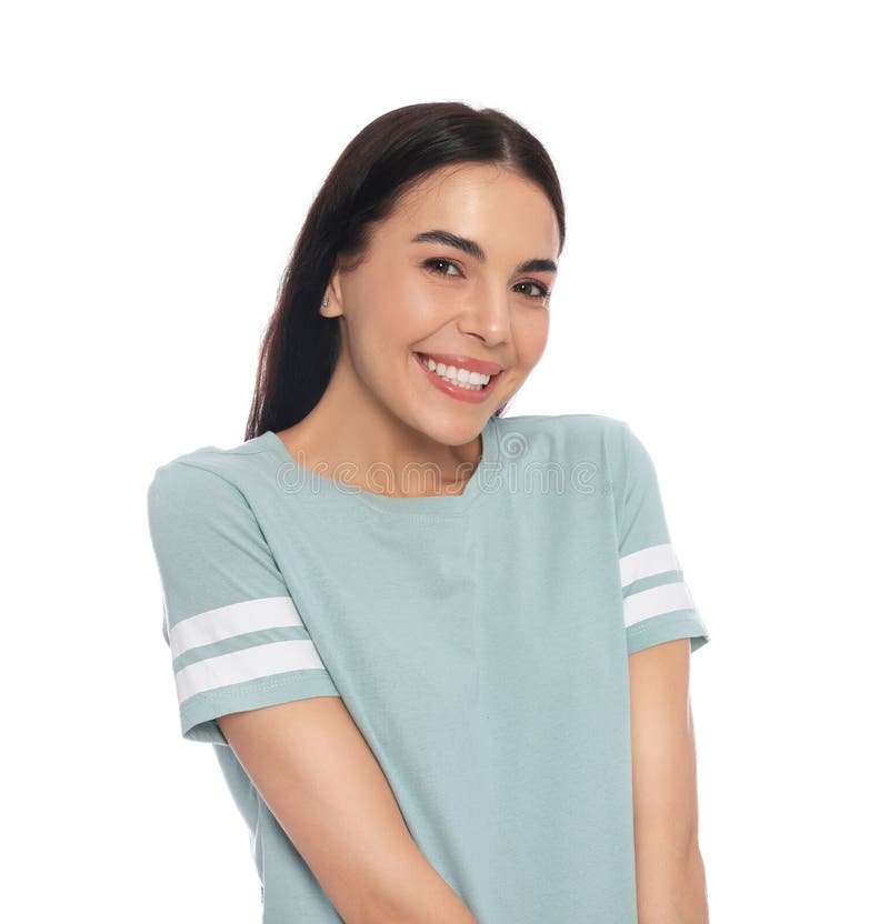 Embarrassed Young Woman in Shirt on White Background Stock Image ...