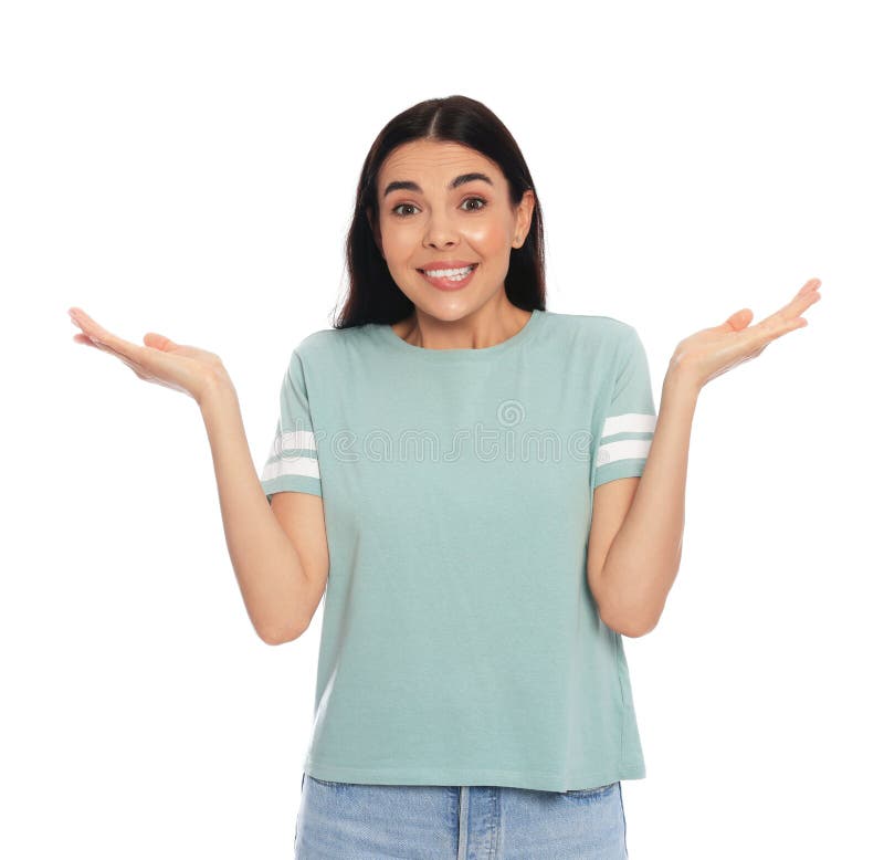 Embarrassed Young Woman in Shirt on White Background Stock Photo ...