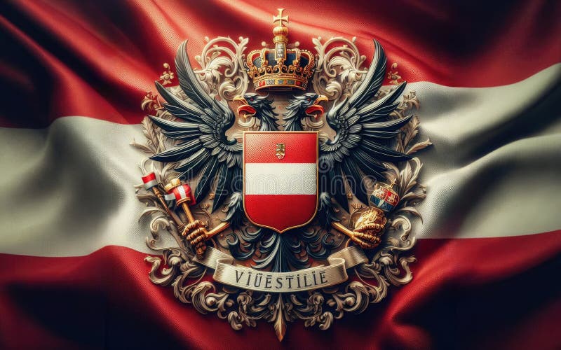 Emblem of Austria on the Background of the Fluttering Flag of Austria ...