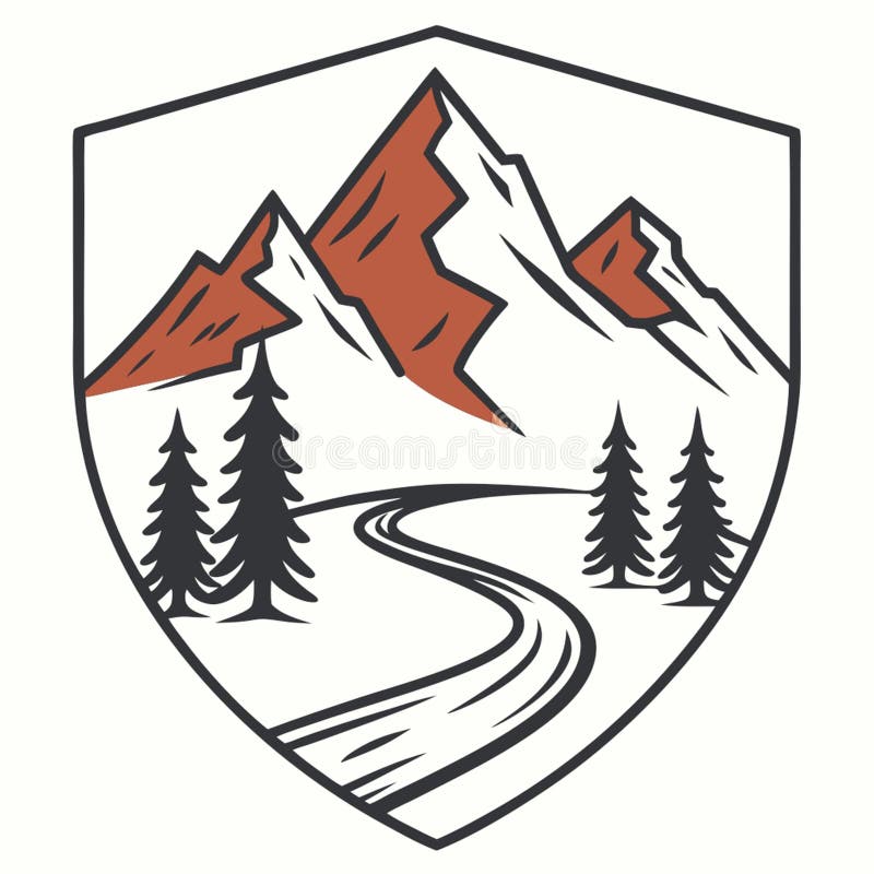 Mountain River Landscape on Shield, Outdoor Adventure, Nature Emblem ...