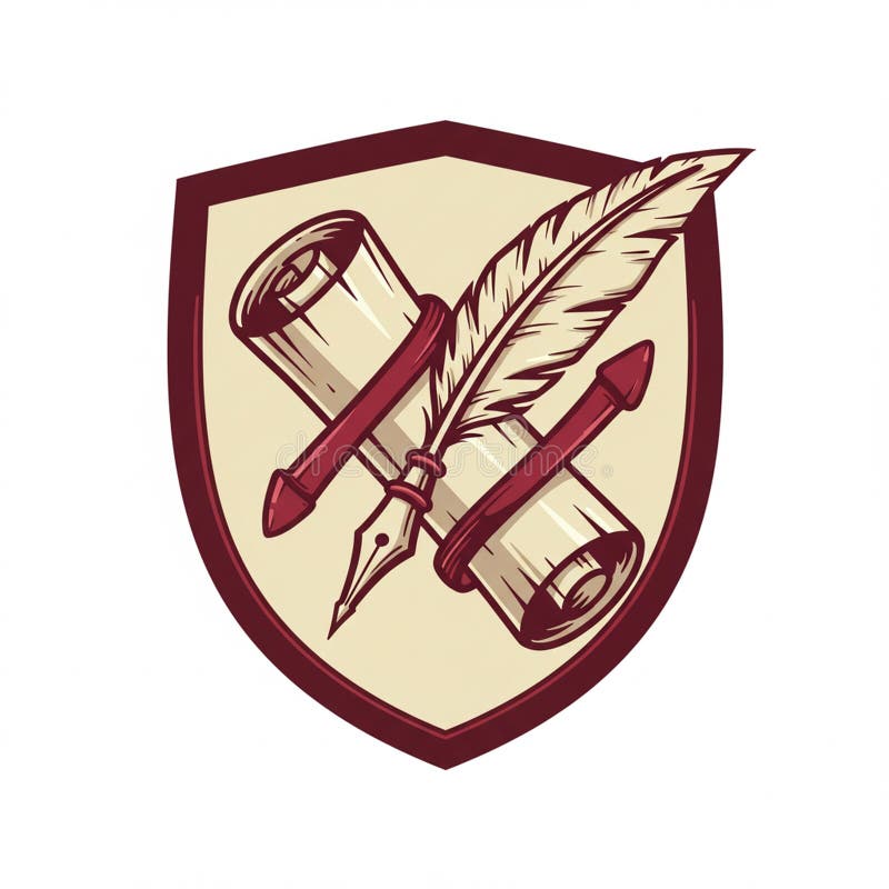 An Emblem Featuring Two Parchment Scrolls Crossed Behind a Large Quill ...