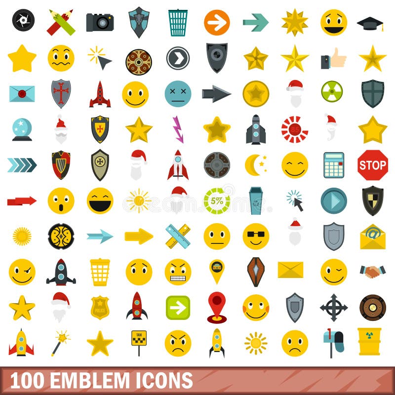 100 Emblem Icons Set, Flat Style Stock Vector - Illustration of gesture ...