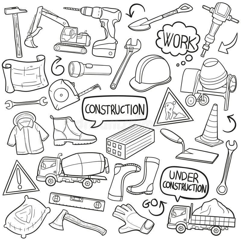 Construction Work Traditional Doodle Icons Sketch Hand Made Design ...