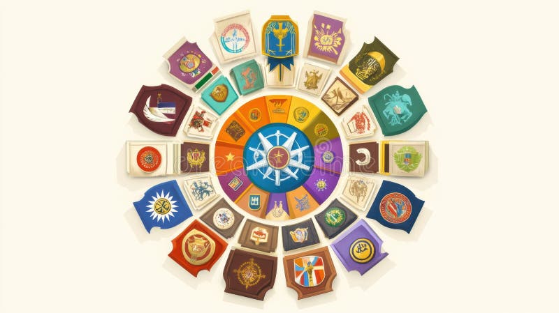 Emblems and Flags Arranged in a Round Layout Representing Unity and ...