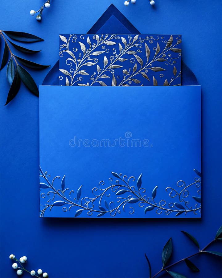 Embossed Blue Wedding Invitation Card Mockup with Envelope Stock ...