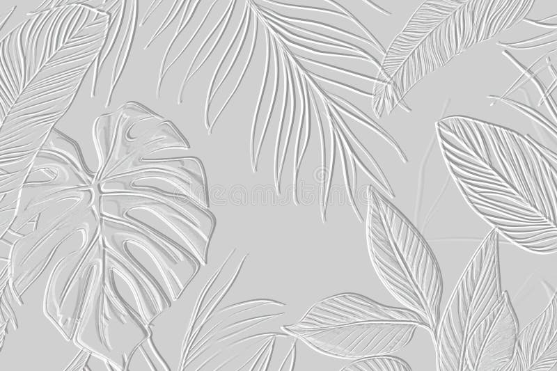 Embossed Leafy Tropical 3d White Background. Beautiful Floral Relief ...