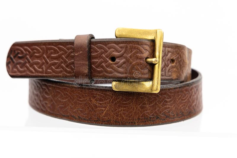 Embossed Leather Belt with Gold Buckle and Decorative Pattern Stock ...