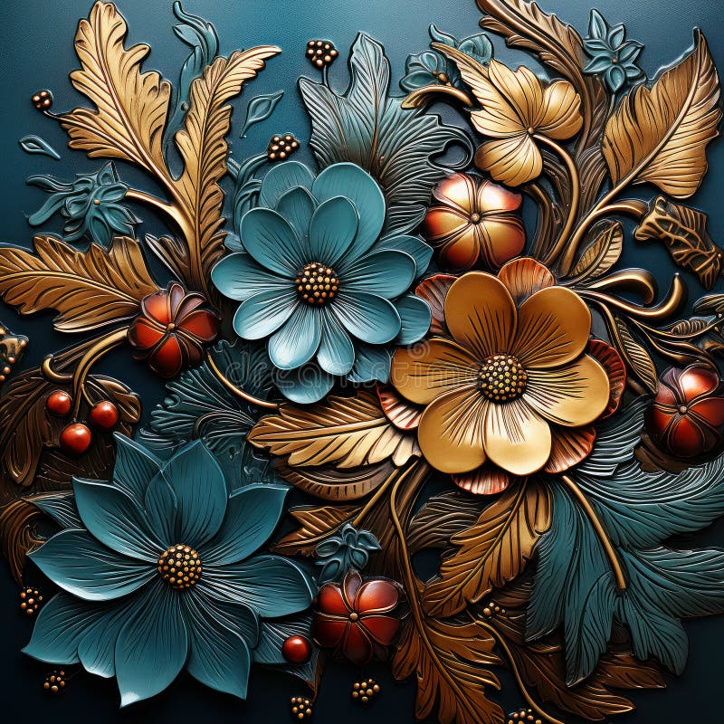 Embossed Metallic Artwork with a Botanical Theme on a Dark Background ...