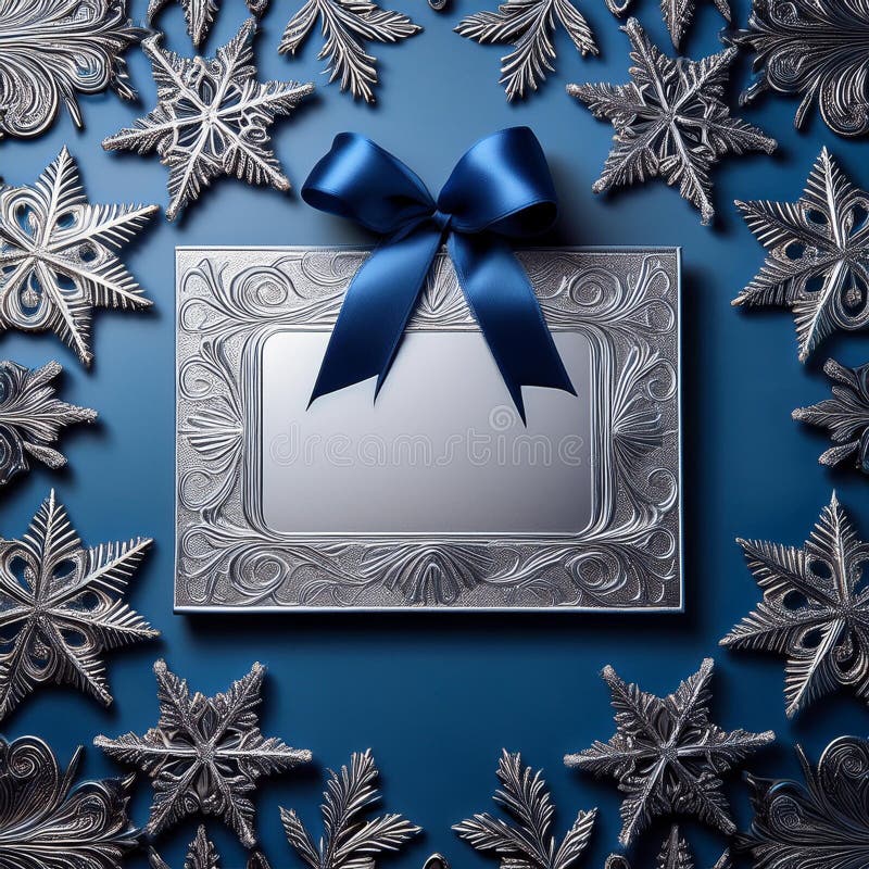 Embossed on Metallic Silver Card, Surrounded Snowflake and Blue Satin ...