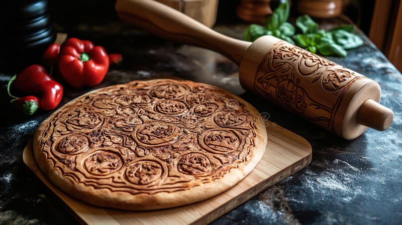 Embossed Pizza Crust with Wooden Rolling Pin Stock Illustration ...