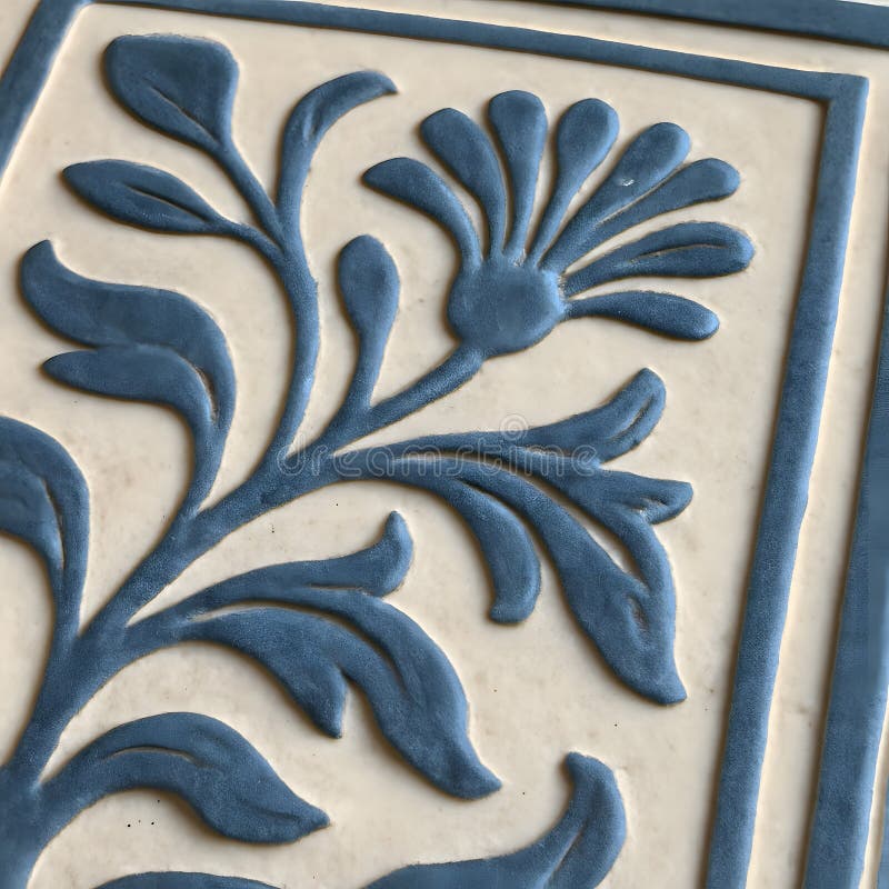 Embossed Tile Fragment Featuring a Stylized Blue Floral and Leaf Design ...