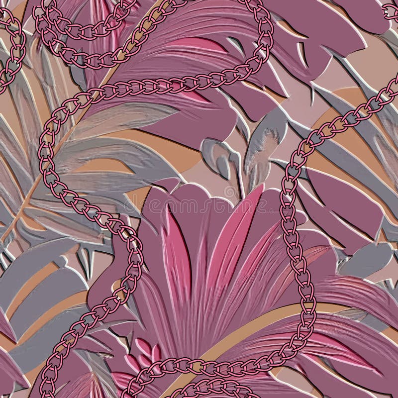 Embossed Tropical Leafy 3d Seamless Pattern with Chains. Tropic Leaves ...