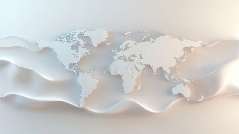 Embossed White World Map Rendering Contours on Light Blue Wavy Surface ...