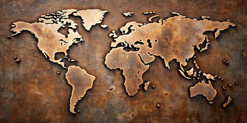 Embossed World Map on Rustic Metal Background Depicting Global ...