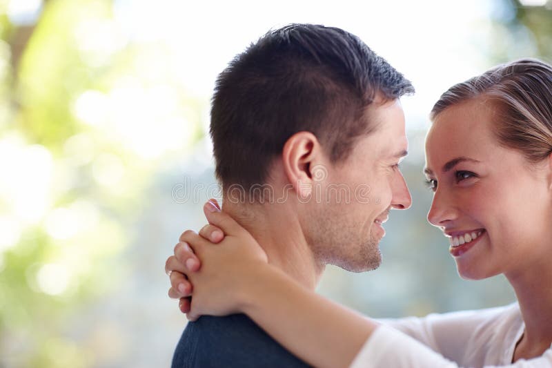 Embrace Couple And Smile For Love In Marriage Nature And Romance Or