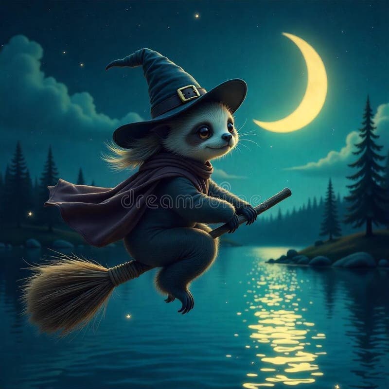 Cute Sloth Witch Flying on Broomstick Vector Illustration Stock ...