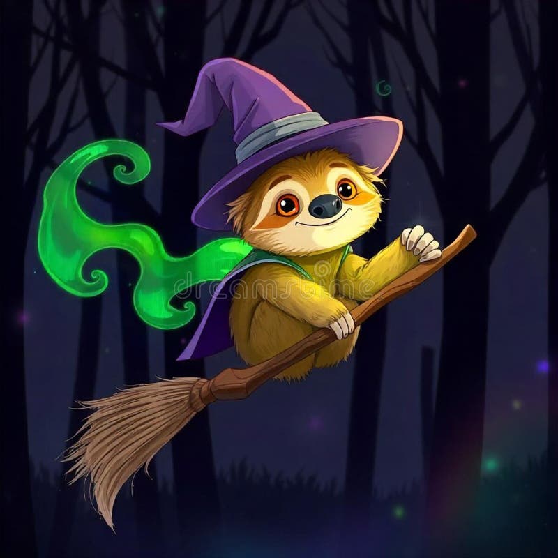 Cute Sloth Witch Flying on Broomstick Vector Illustration Stock ...