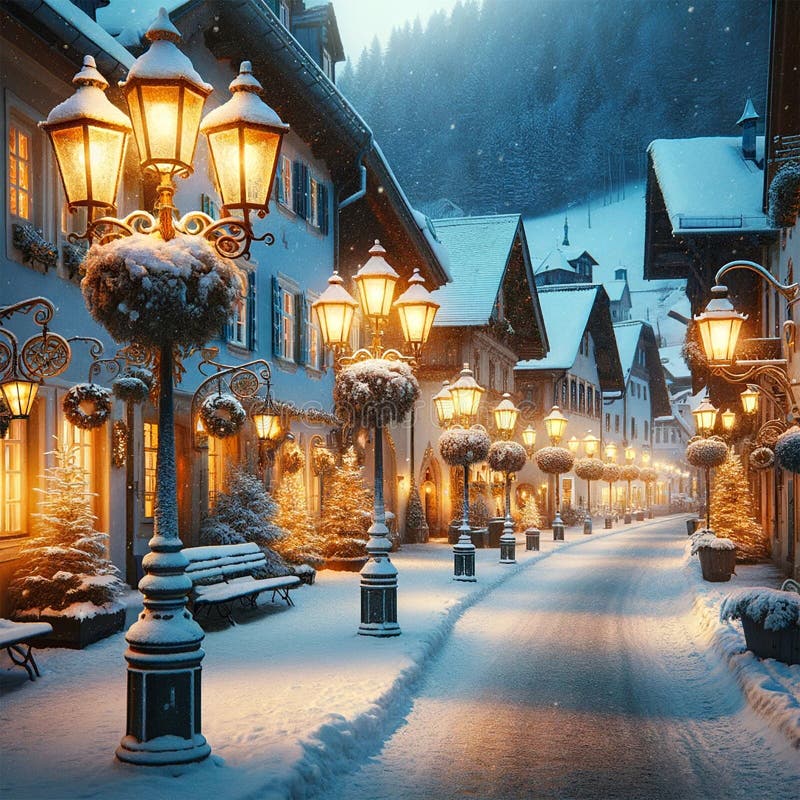 Snowy Nostalgia: Quaint Homes and Vintage Street Lamps Stock ...