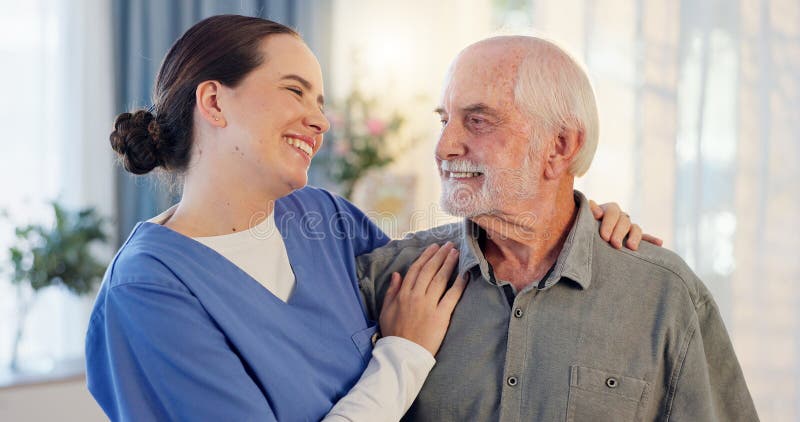 Embrace Senior Man And Nurse With Hug Caring And Medical Assistance