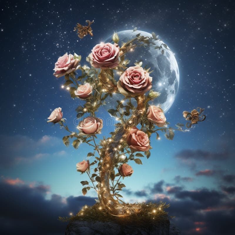 _A_starlit_sky_with_roses_arranged_in_the_shape_of_ Stock Illustration ...
