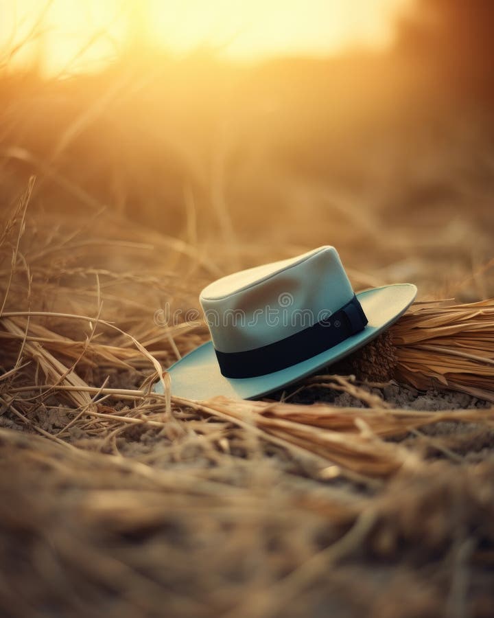 Sunset Wanderlust: Light Green Fedora Amidst a Golden Wheat Field Stock ...