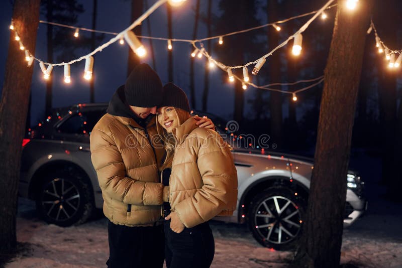 Embracing Each Other. Couple Standing in the Forest and Celebrating New ...