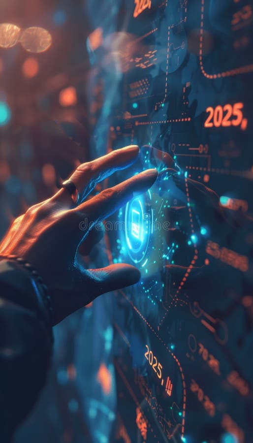 Embracing the Future a Hand Interacting with a Virtual 2025 Button ...