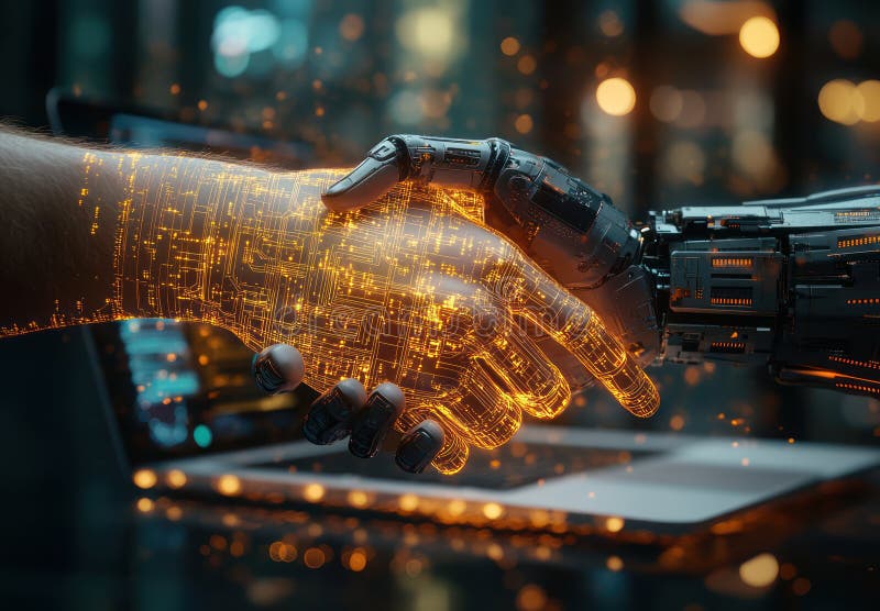 Business Handshake between Human and AI in a Futuristic Setting Stock ...