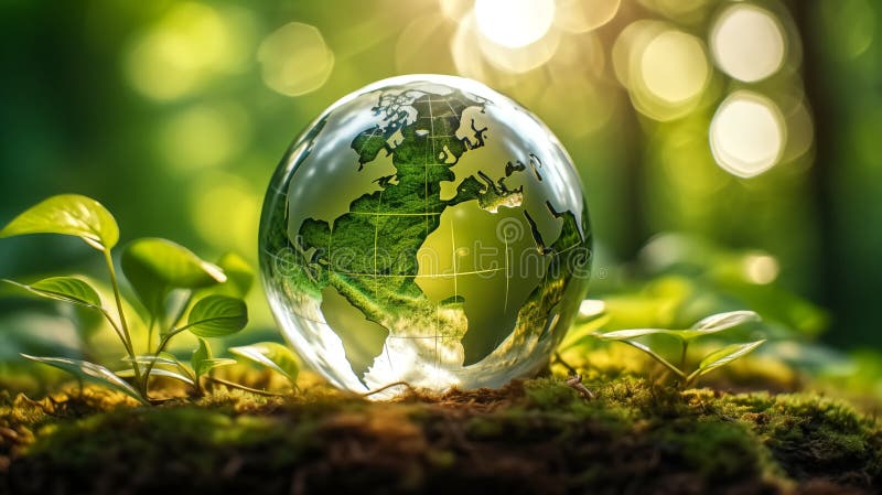 Glass Globe with Green Grass and Bokeh Background. Ecology Concept ...