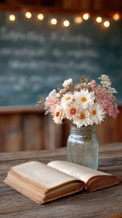 Embracing Knowledge in a Tranquil Workspace with Flowers and a Book ...