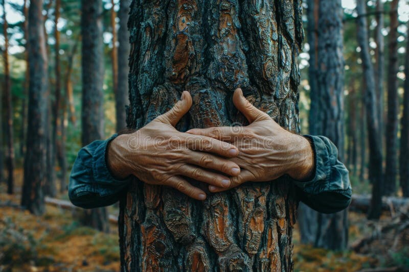 Embracing Nature - Hands Wrapped Around a Tree Trunk in a Forest Stock ...