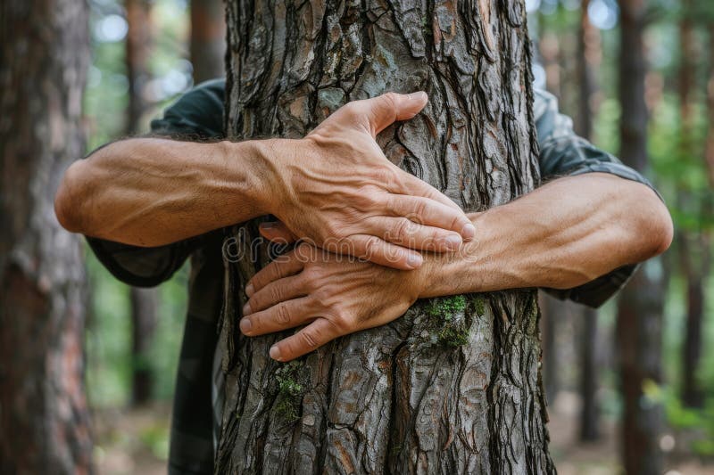 Embracing Nature - Hands Wrapped Around a Tree Trunk in a Forest Stock ...