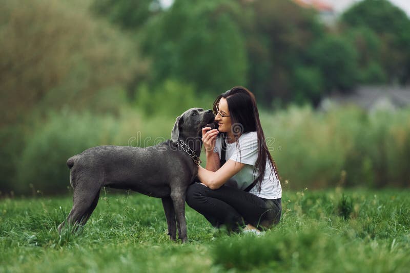Embracing the Pet. Young Brunette is Having a Walk with Her Dog ...