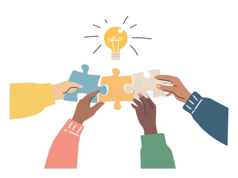 Embracing Teamwork through Puzzle Pieces and Light Bulb. Vector ...