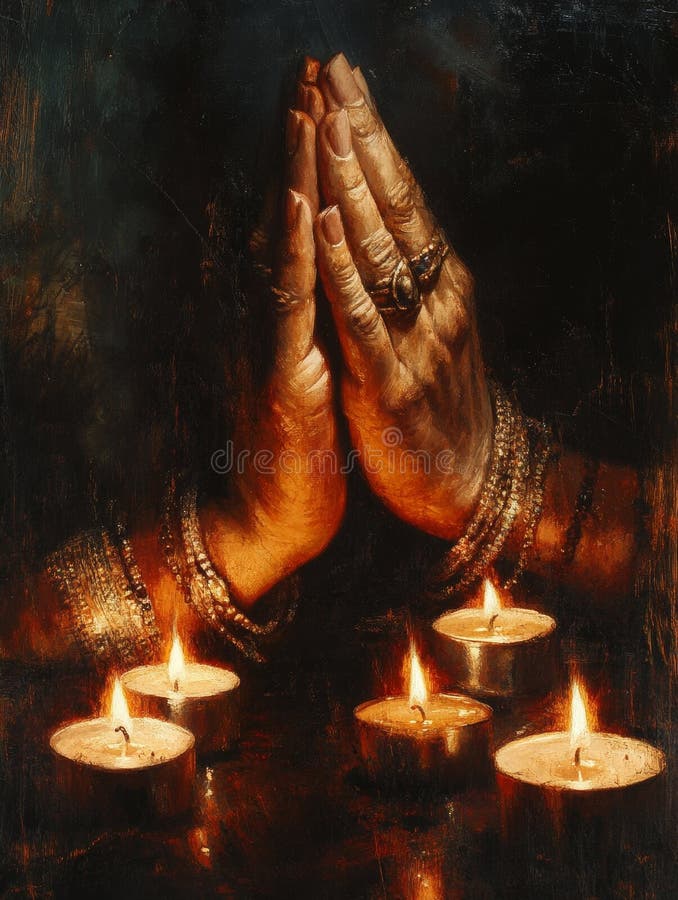 Embracing Tranquility: Hands in Prayer SurroundedWarm Candlelight and ...