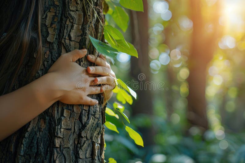 Embracing a Tree Trunk with Hands Stock Illustration - Illustration of ...