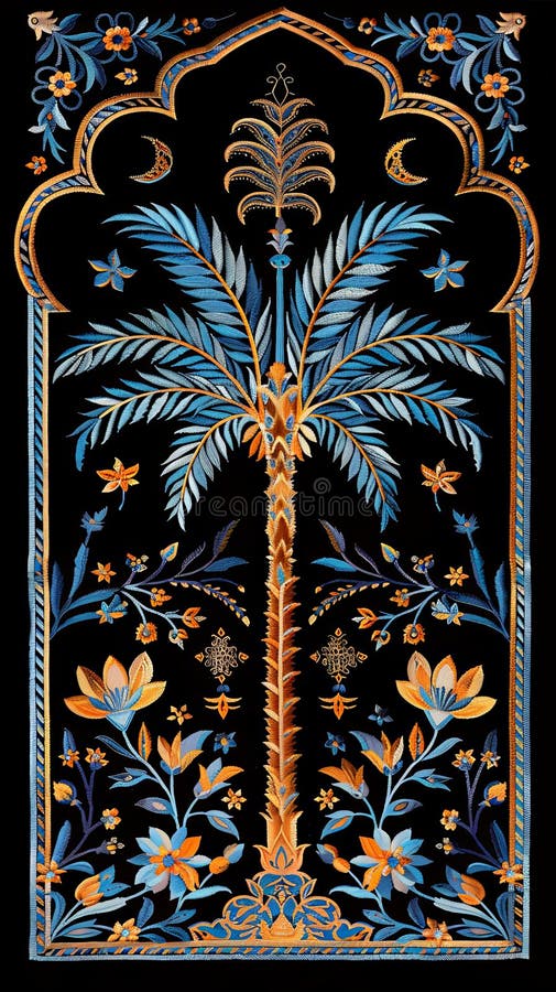 Embroidered Arabesque Pattern Featuring Palm Tree in Traditional ...