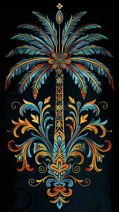 Embroidered Arabesque Pattern Featuring Palm Tree in Traditional ...
