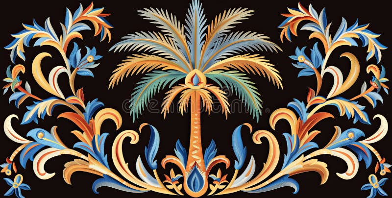 Embroidered Arabesque Pattern Featuring Palm Tree, Traditional Islamic ...