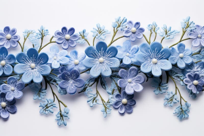 Embroidered Blue Lace with Pattern of Flowers on White Background Stock ...