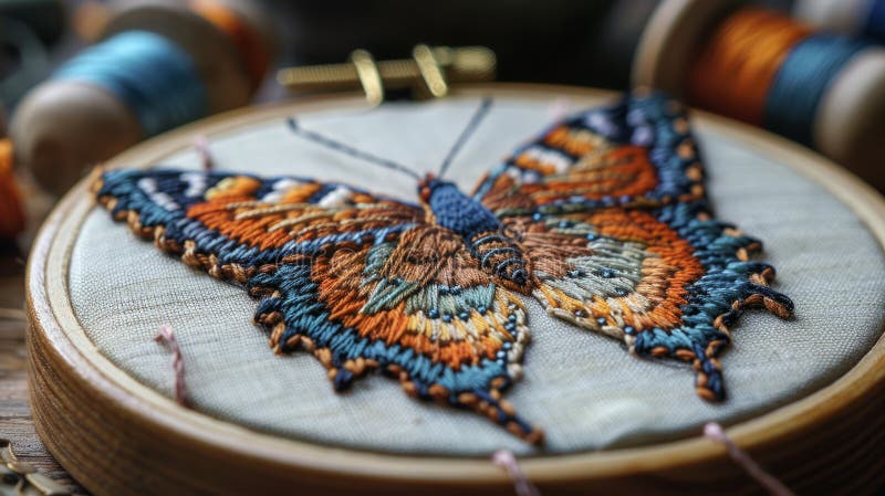 Embroidered Butterfly on Hoop Stock Image - Image of needlework ...