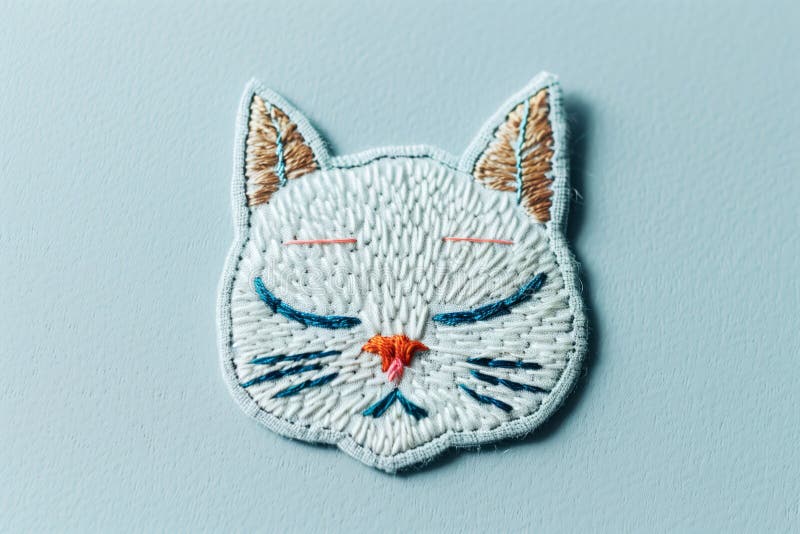 Embroidered Cat Patch with Closed Eyes on Blue Background Textiles ...