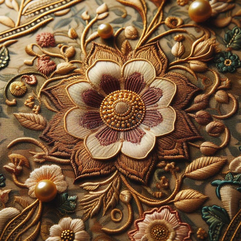 An Embroidered Design with Visible Stitching and Gold Beads on a Flower ...