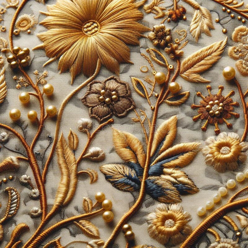 An Embroidered Design with Visible Stitching and Gold Beads on a Flower ...