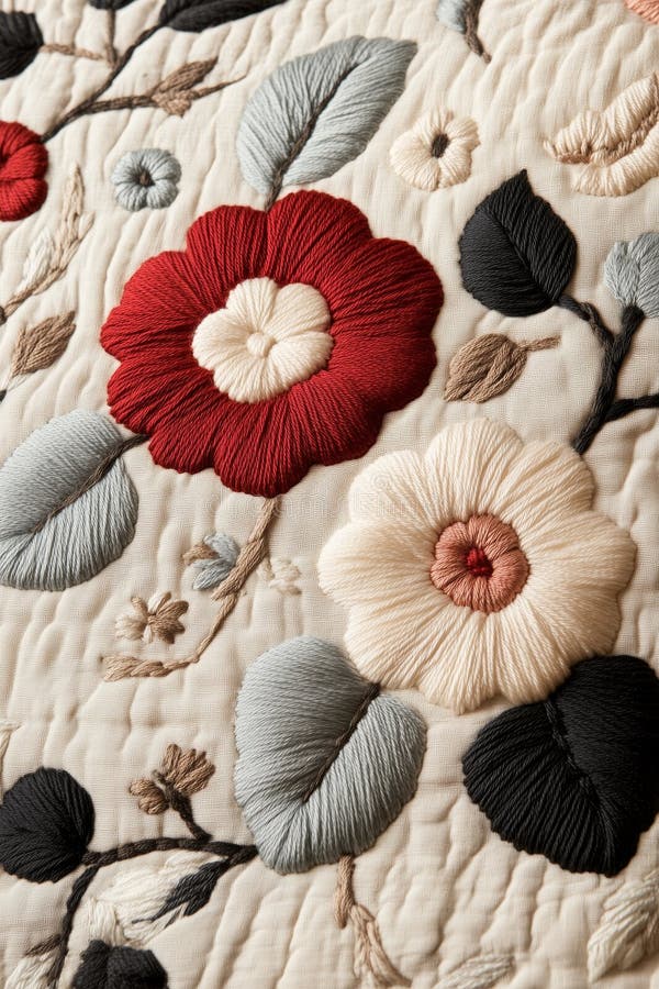 Embroidered Floral Pattern with Red and Beige Flowers on Quilted Fabric ...