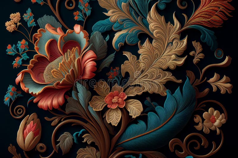 Embroidered Flowers on a Dark Background, Generative AI Illustration ...