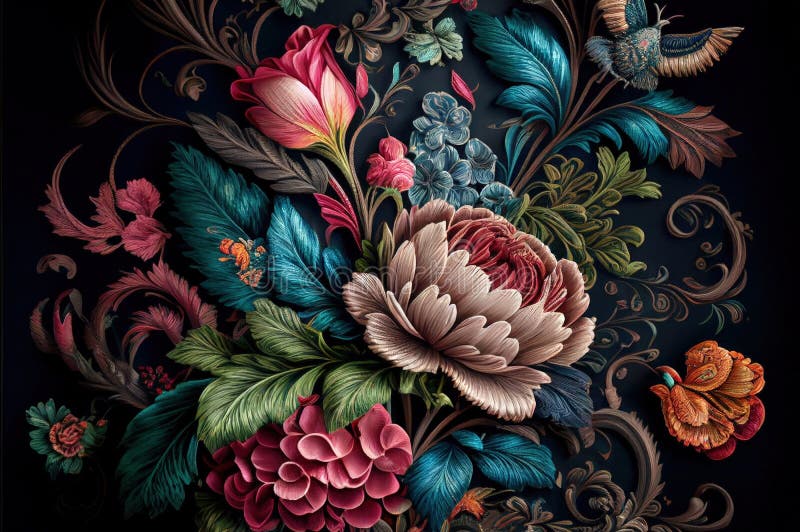 Embroidered Flowers on a Dark Background, Generative AI Illustration ...