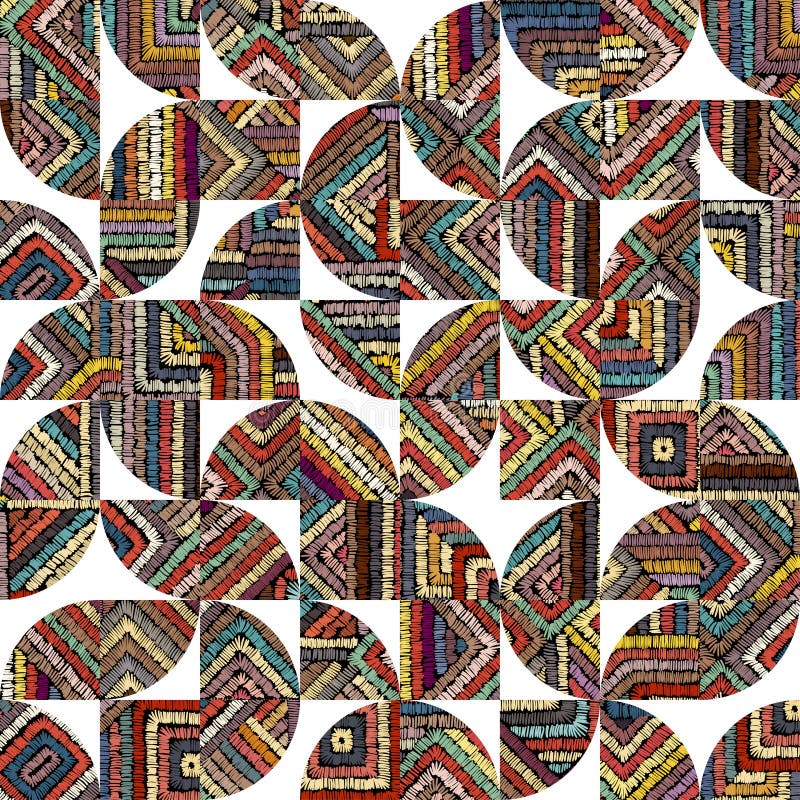 Embroidered Geometric Pattern. Hand-drawn Ornament in Patchwork Style ...